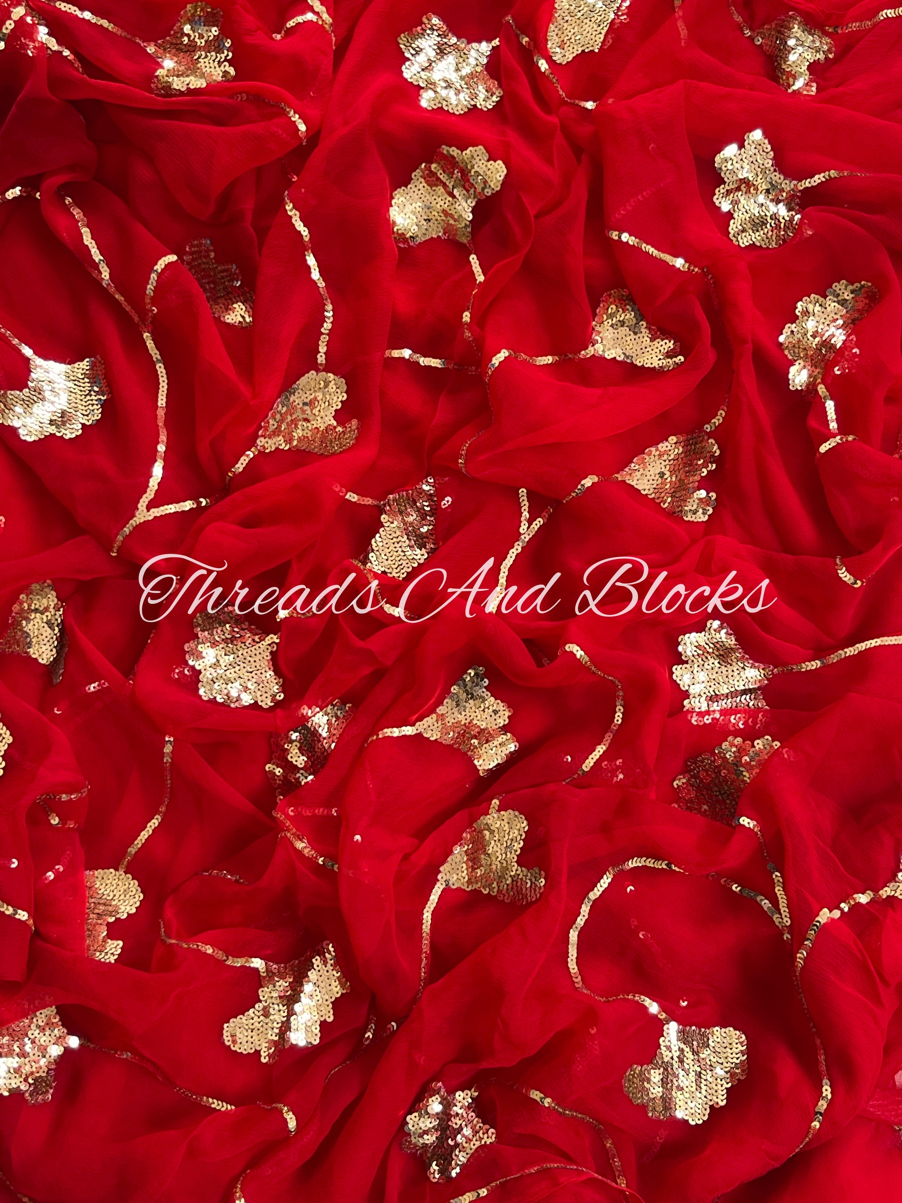 Teej Red Waterfall Sequin Jaal Saree – Threads & Blocks