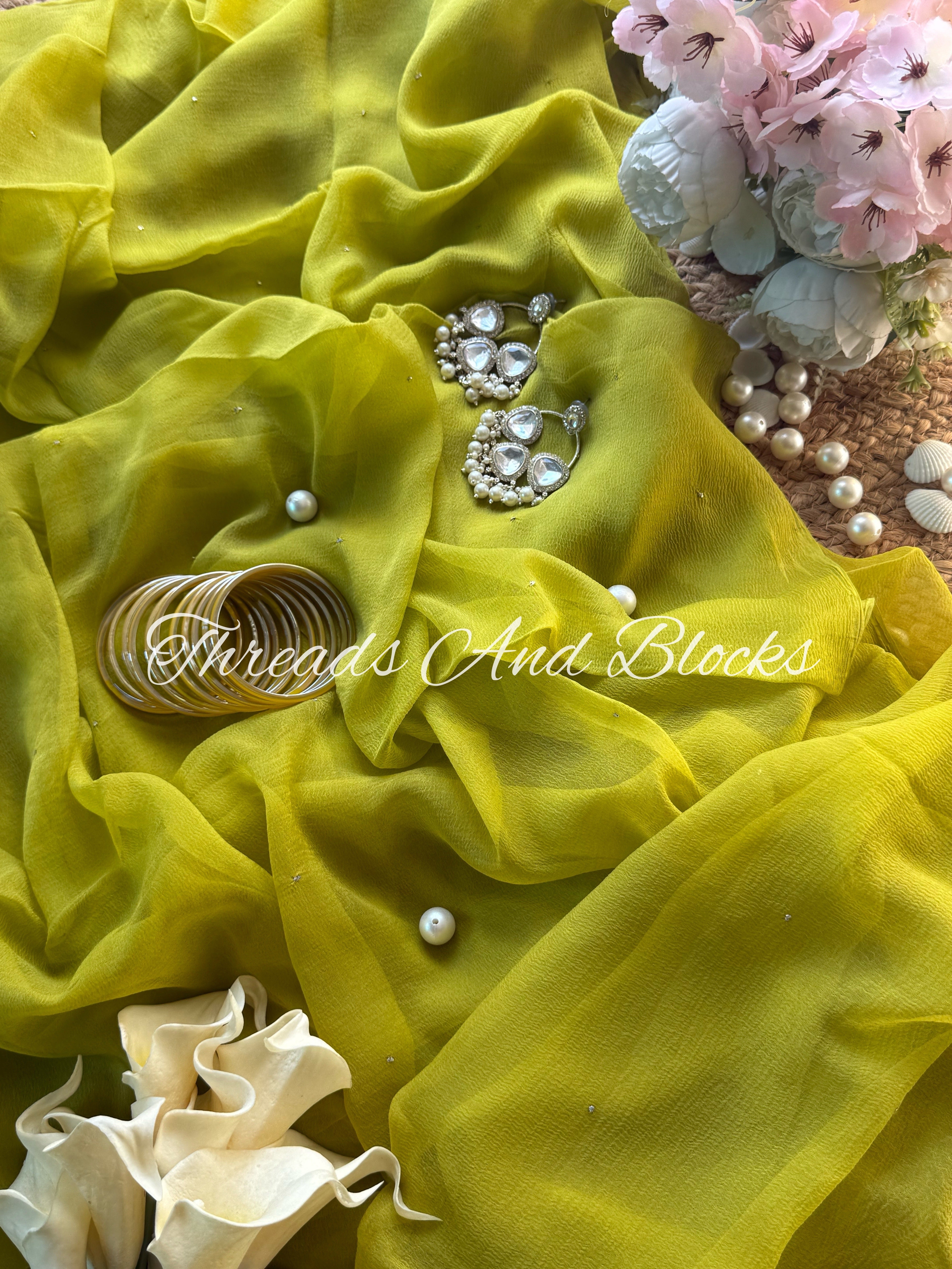 Mehendi Green Mukaish Saree – Threads & Blocks