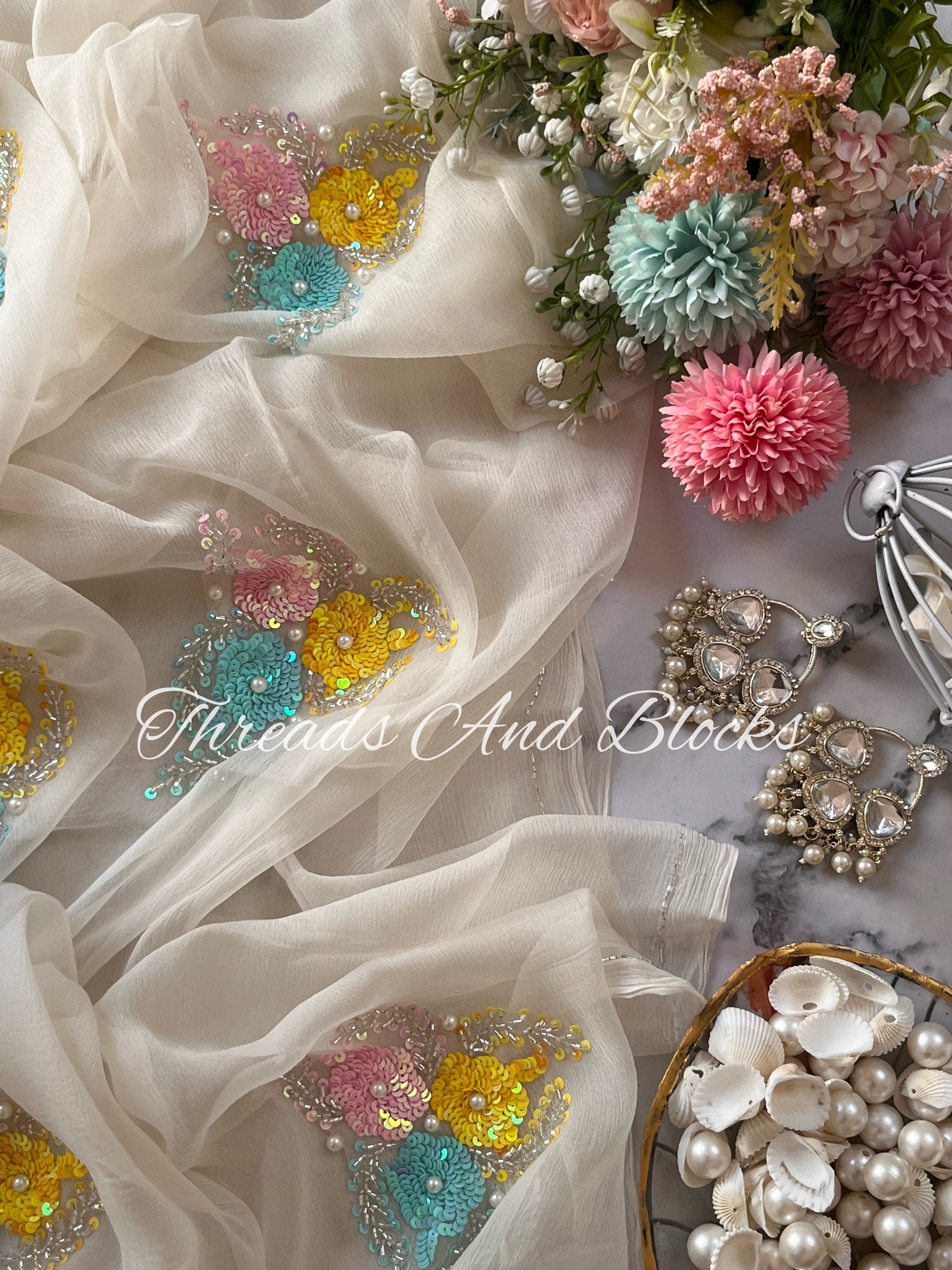Sequin Colourful Floral Cluster Saree – Threads & Blocks