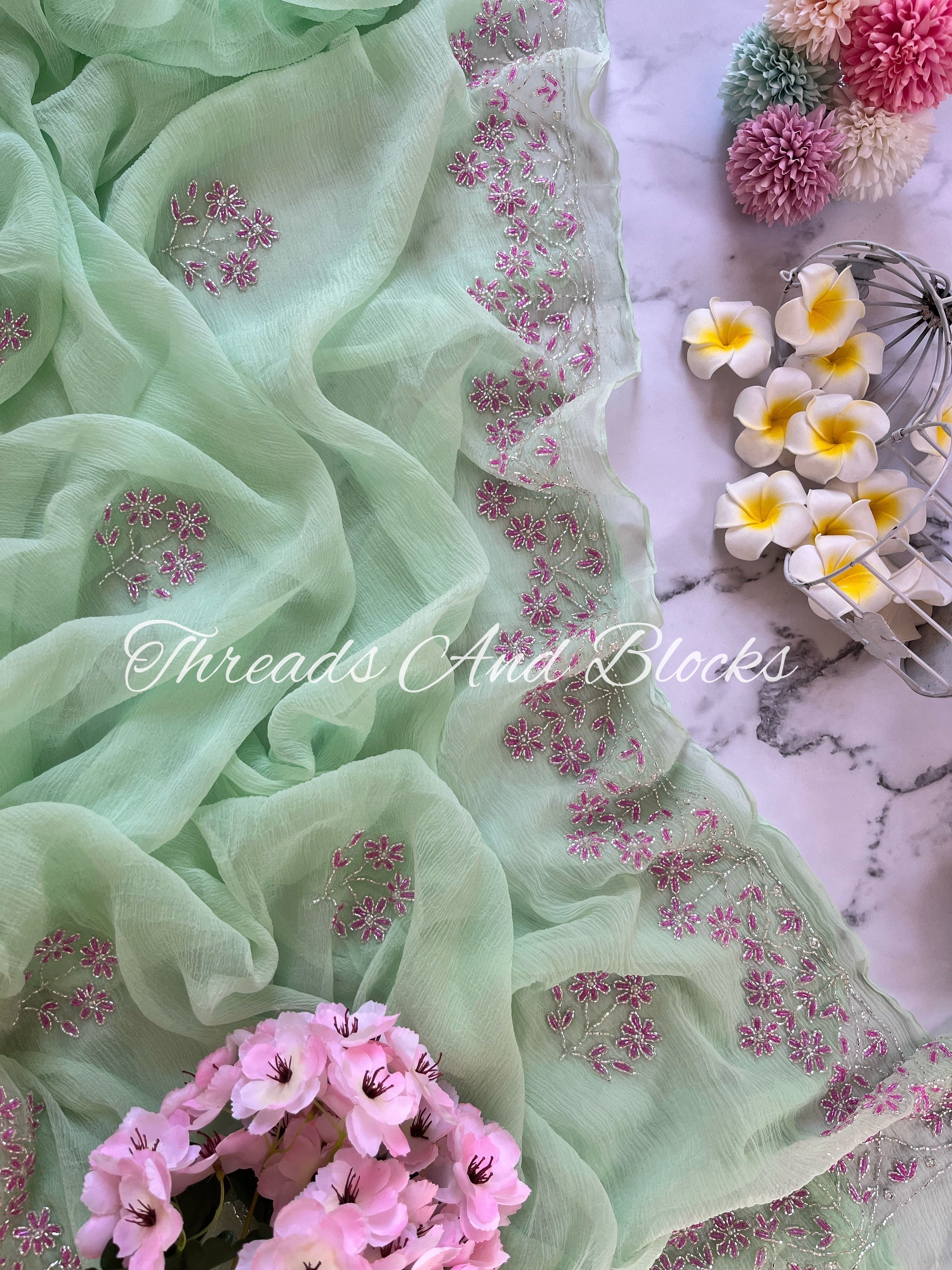 Pastel Pistachio Cut Dana Border Saree – Threads & Blocks