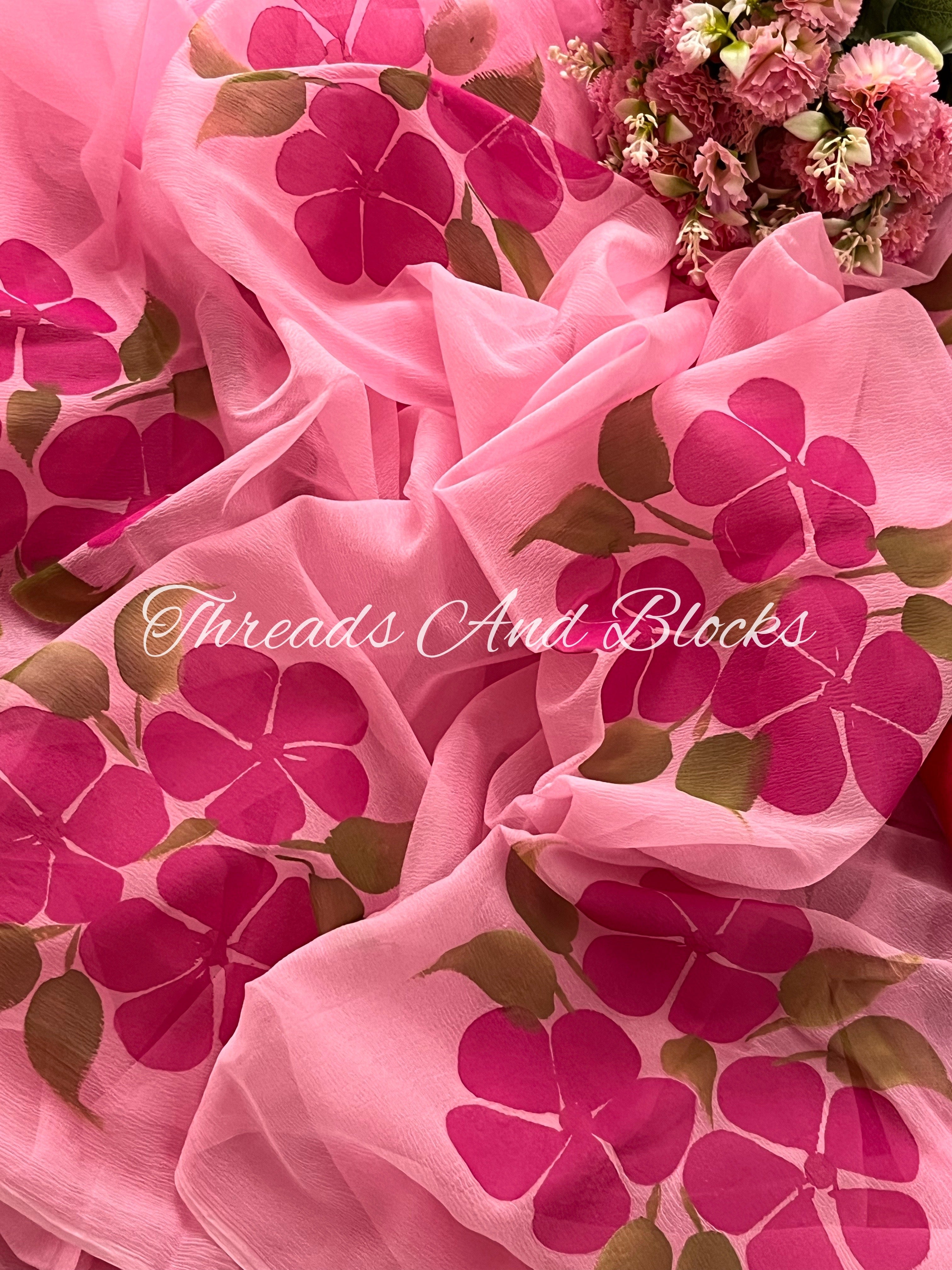 Pink Hibiscus Hand Painted Saree – Threads & Blocks