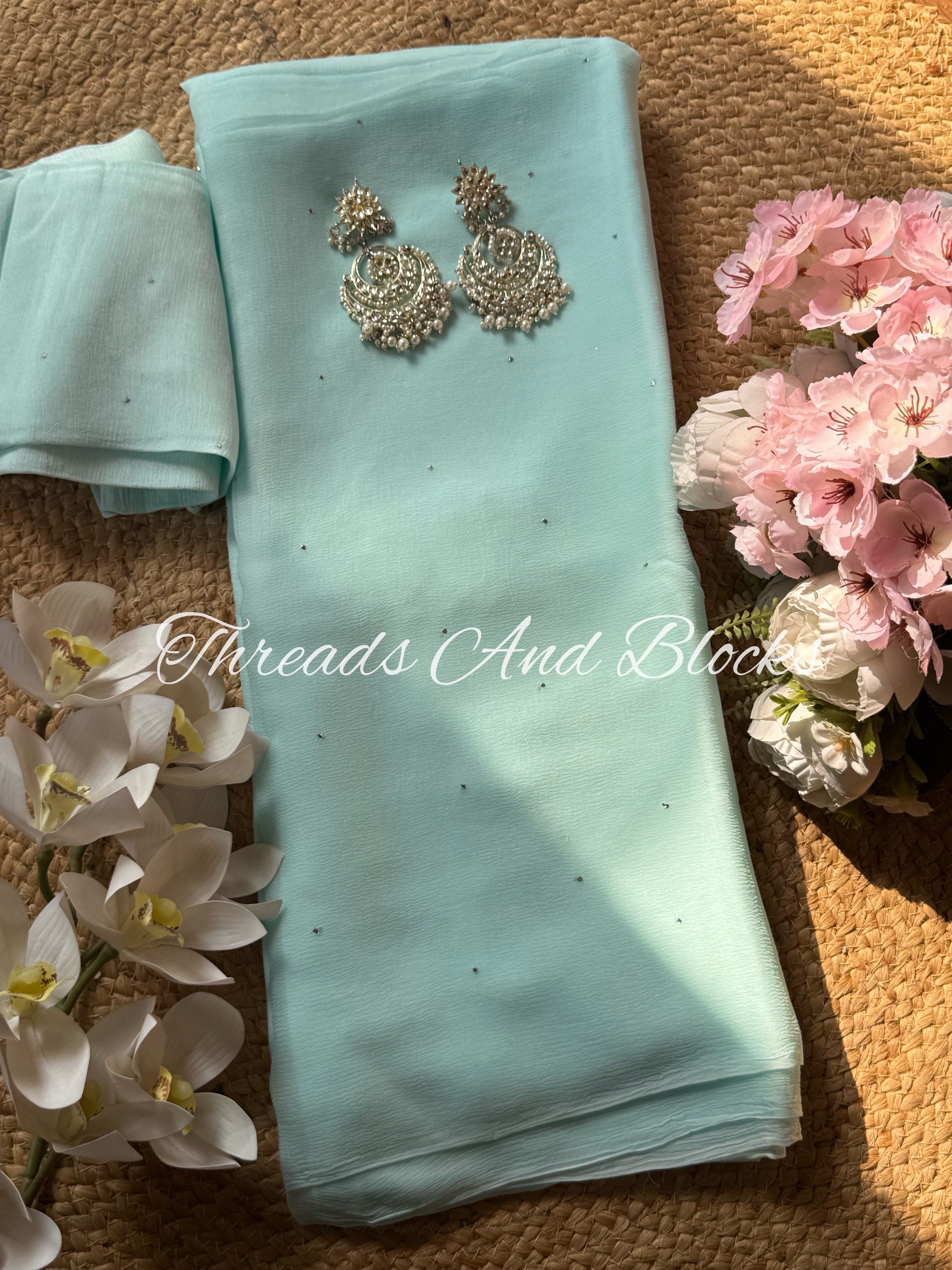 Sky Blue Mukaish Saree – Threads & Blocks