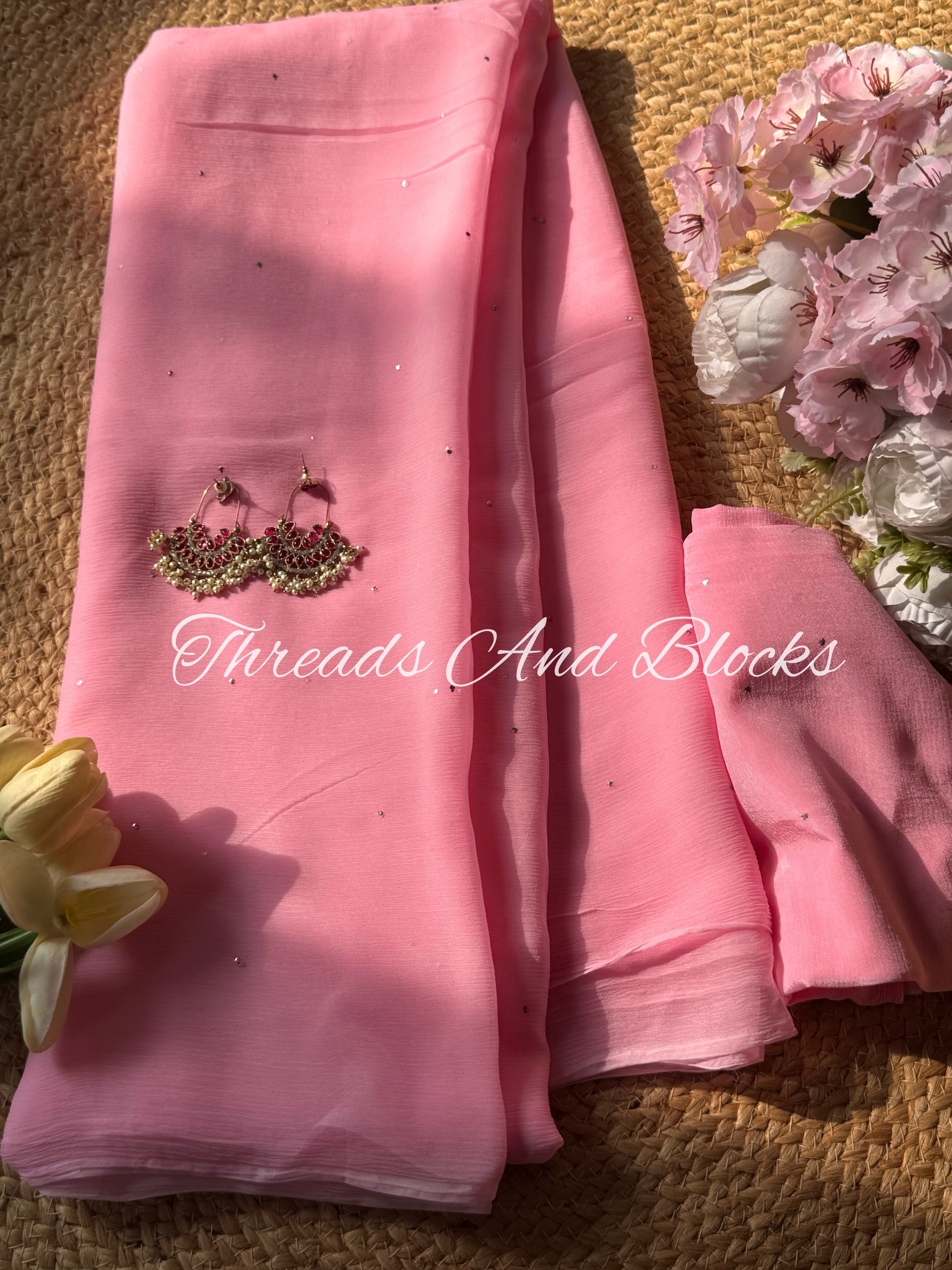 Baby Pink Mukaish Saree – Threads & Blocks