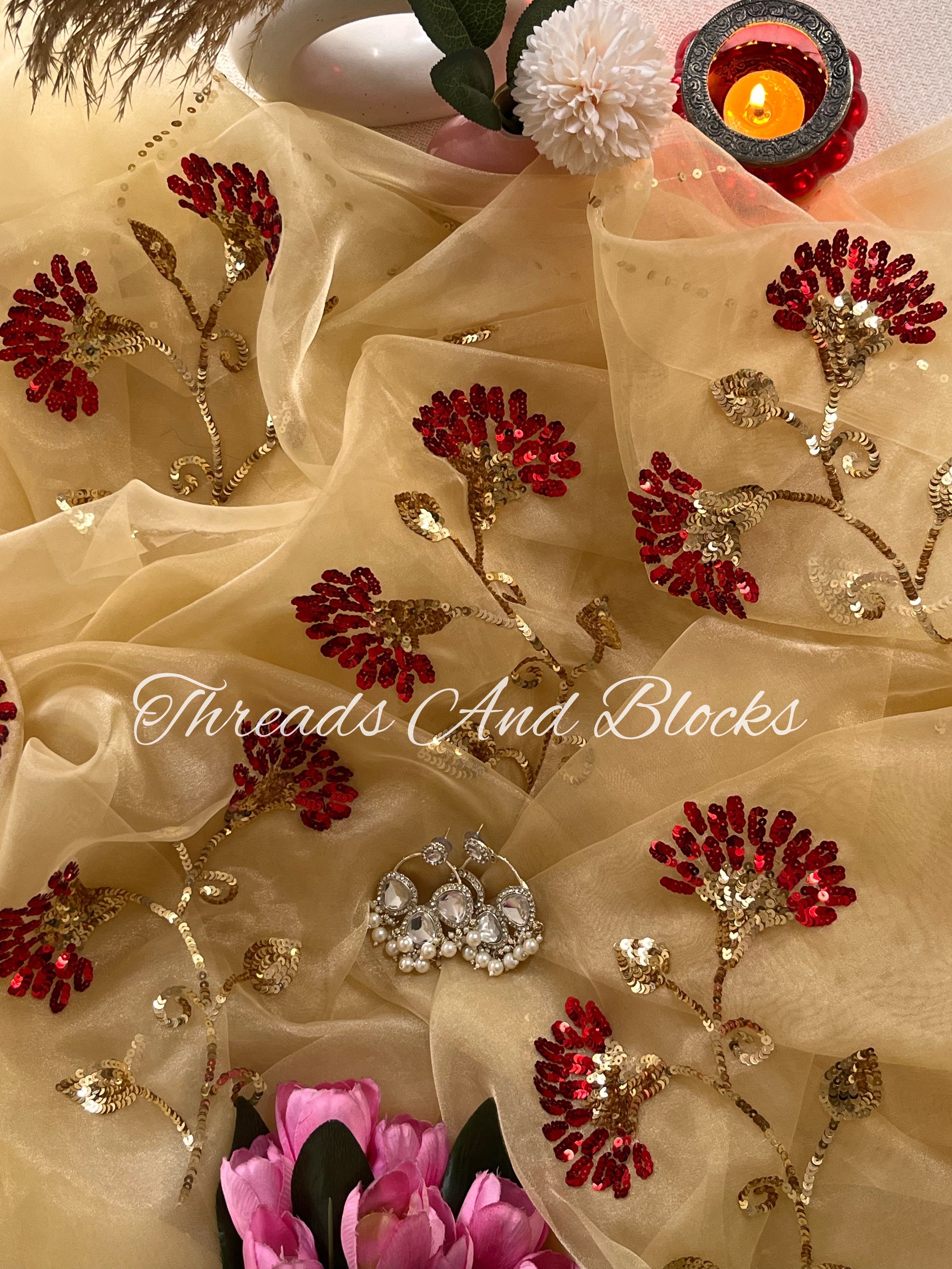 Golden Kiss Tissue Saree – Threads & Blocks