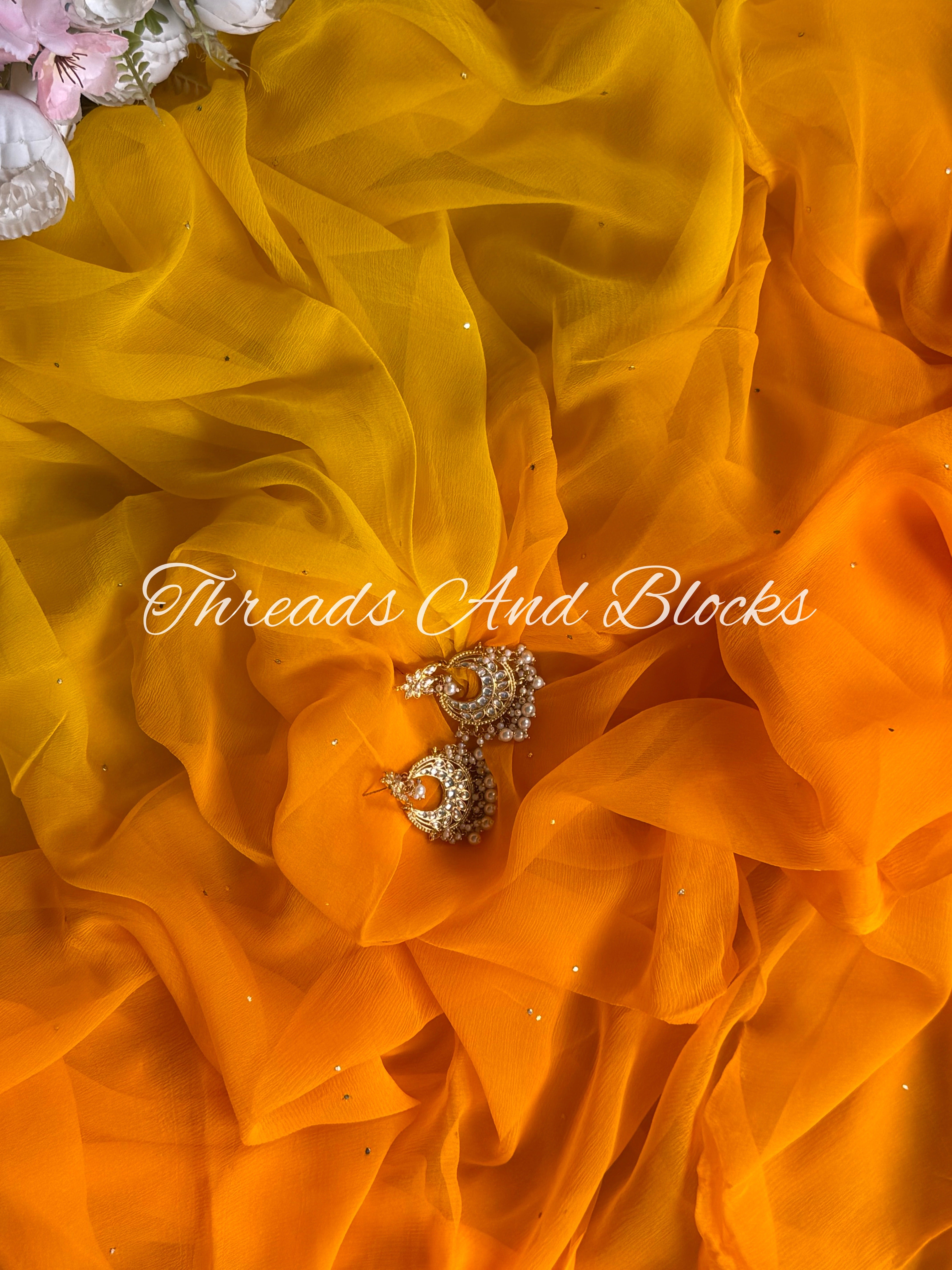 Ombré Yellow Mukaish Saree – Threads & Blocks