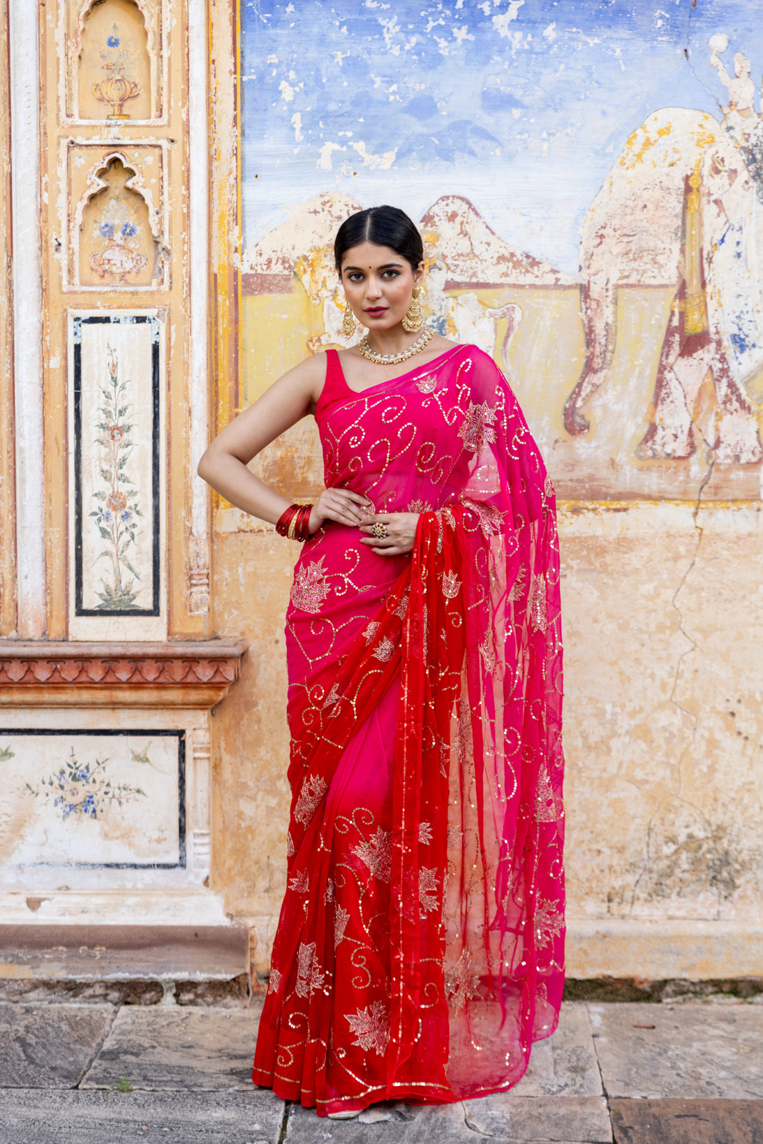 Rani Red Mesh Leaf Jaal Saree – Threads & Blocks