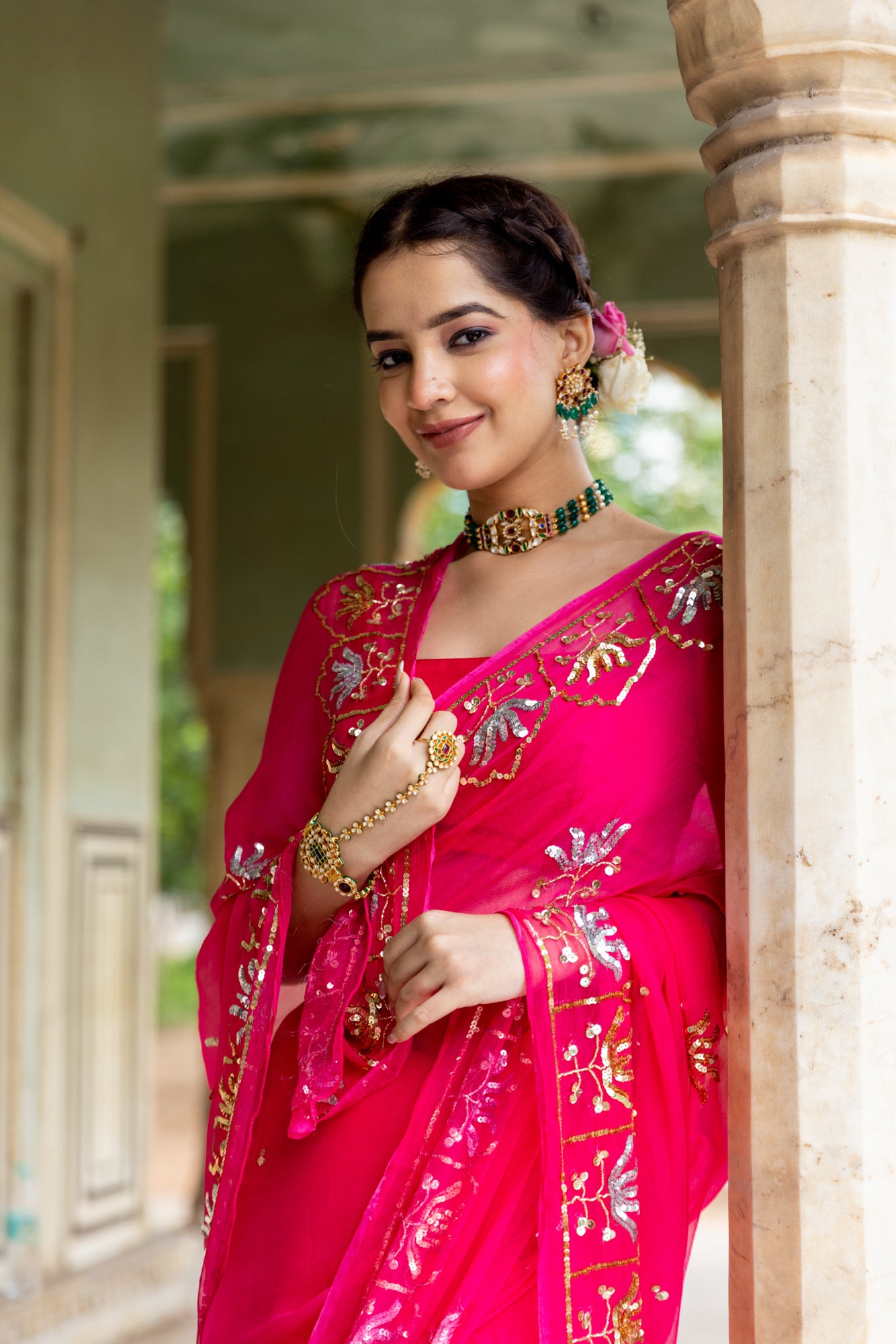 Rani Lotus Border Saree – Threads & Blocks