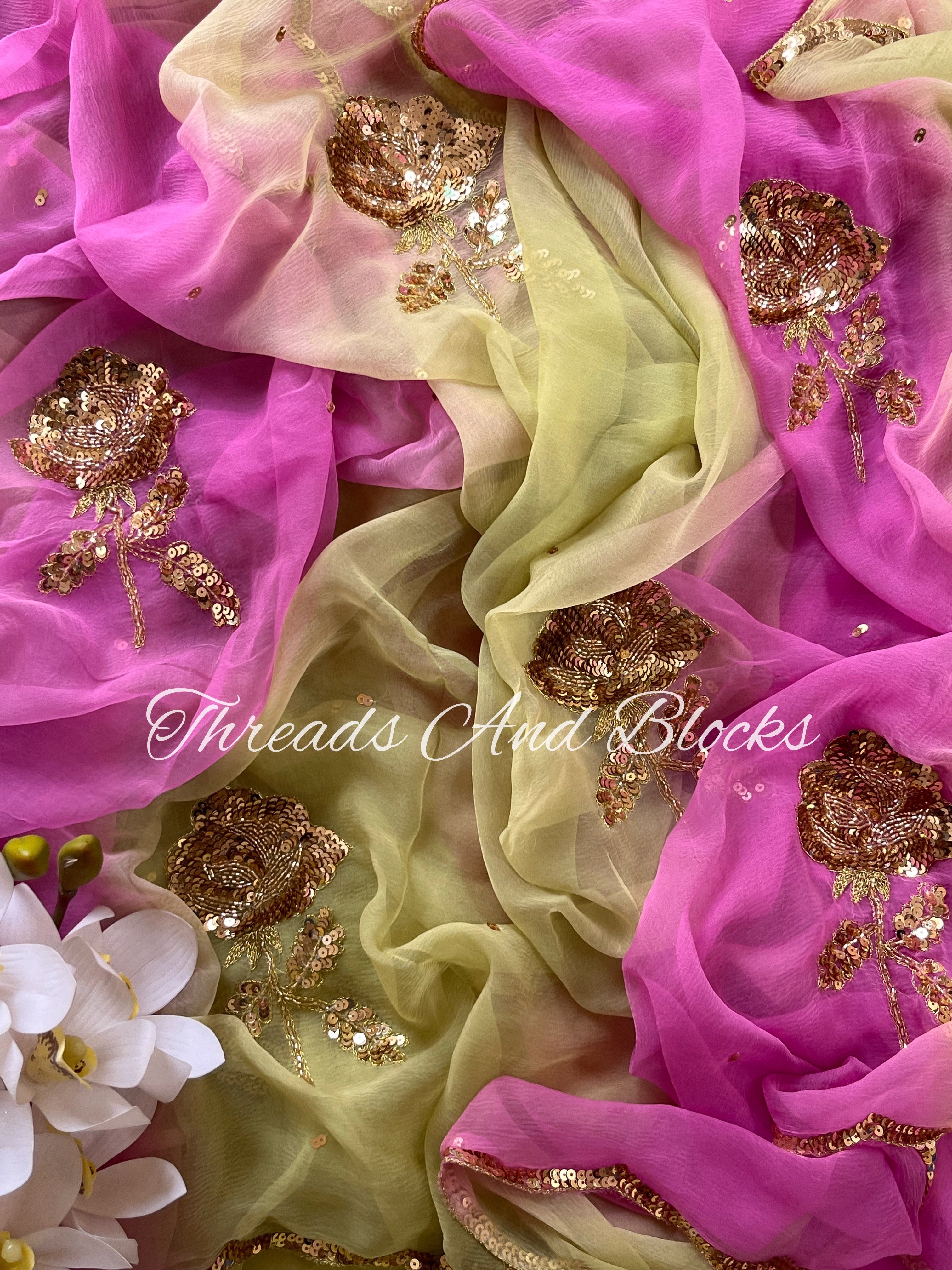 Lavender Pista Rose Buta Saree – Threads & Blocks