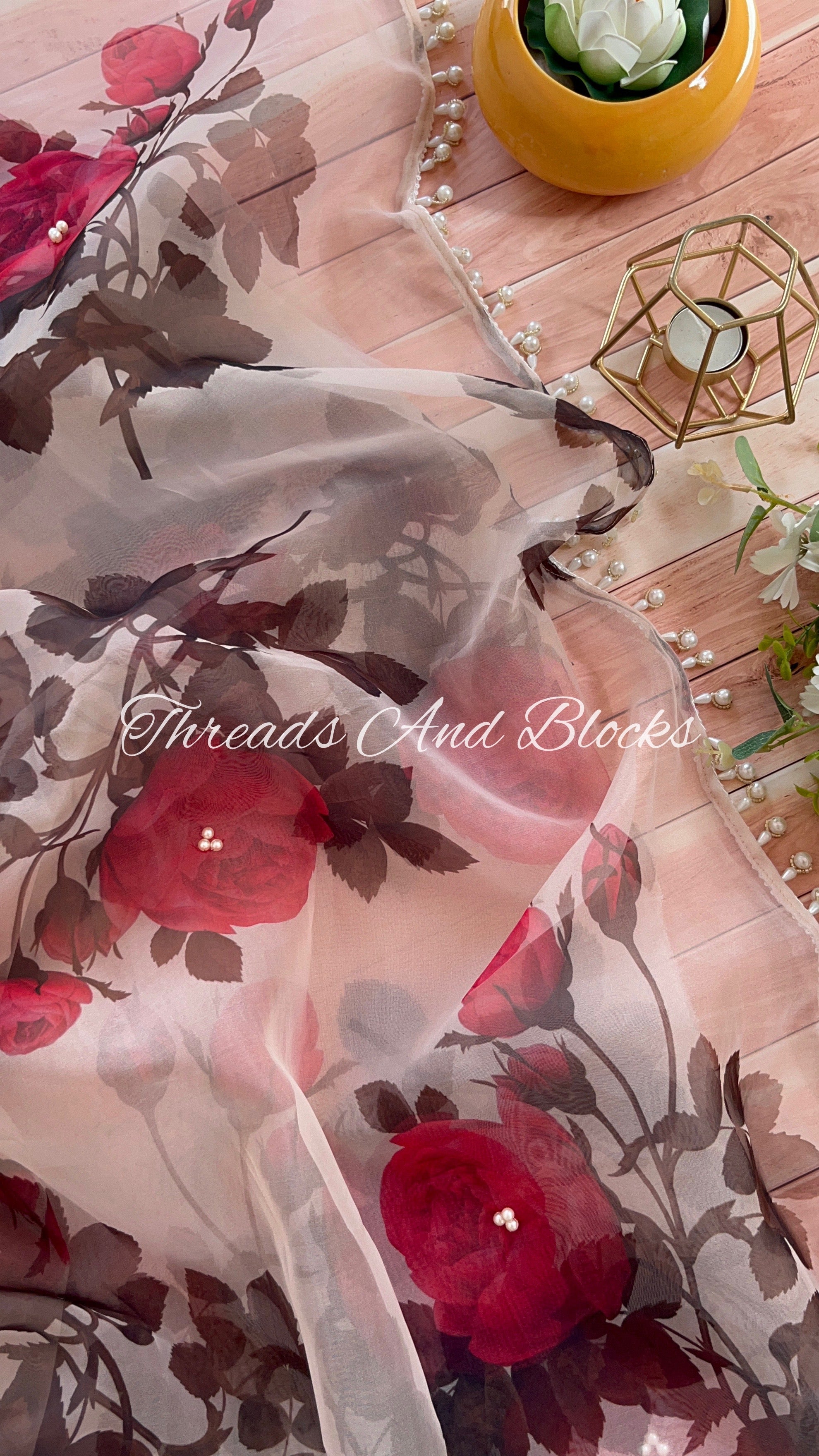 Organza Red Rose Saree with Pearls – Threads & Blocks