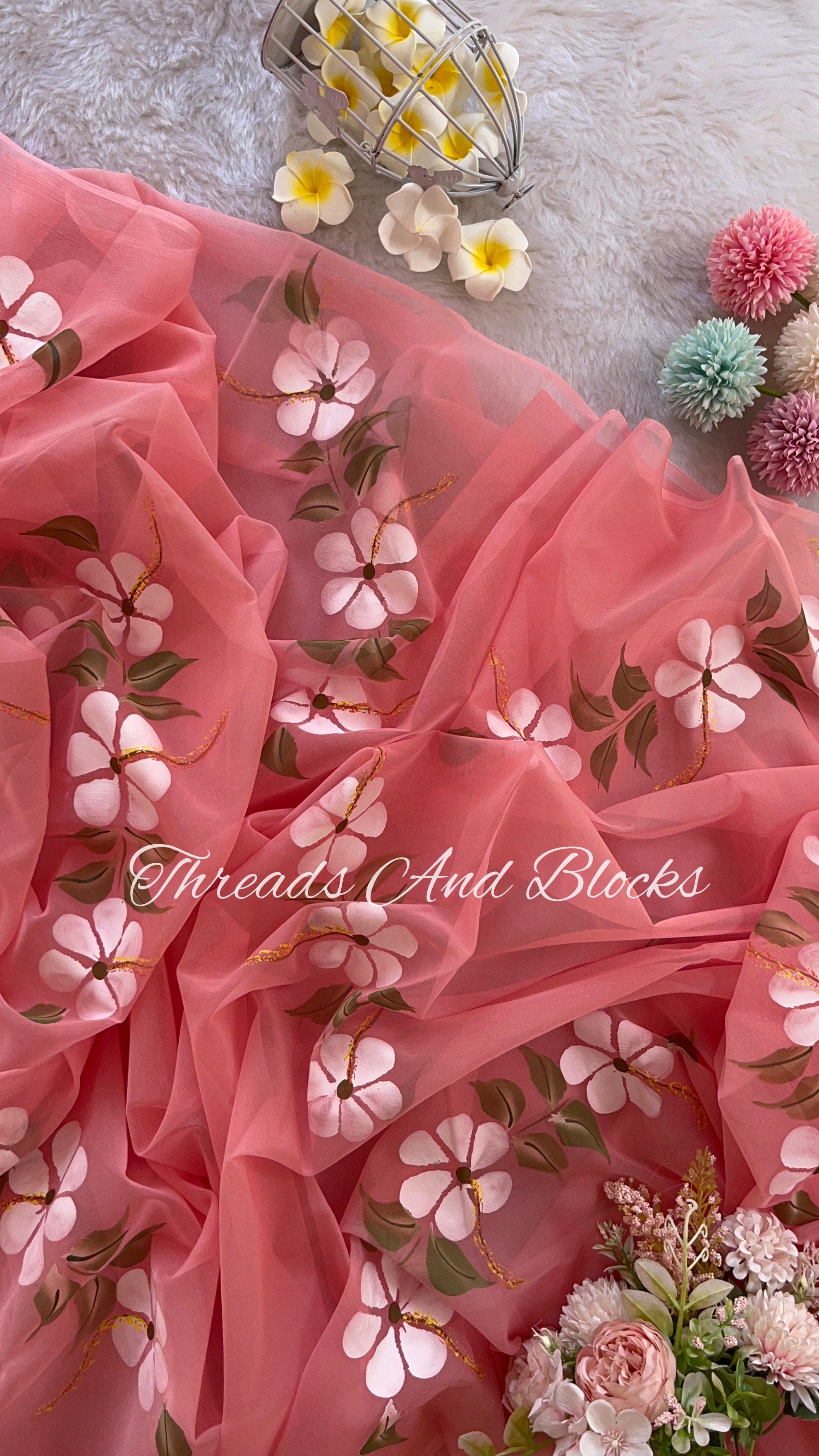 White Hibiscus Hand Painted Saree - Peachy Pink – Threads & Blocks