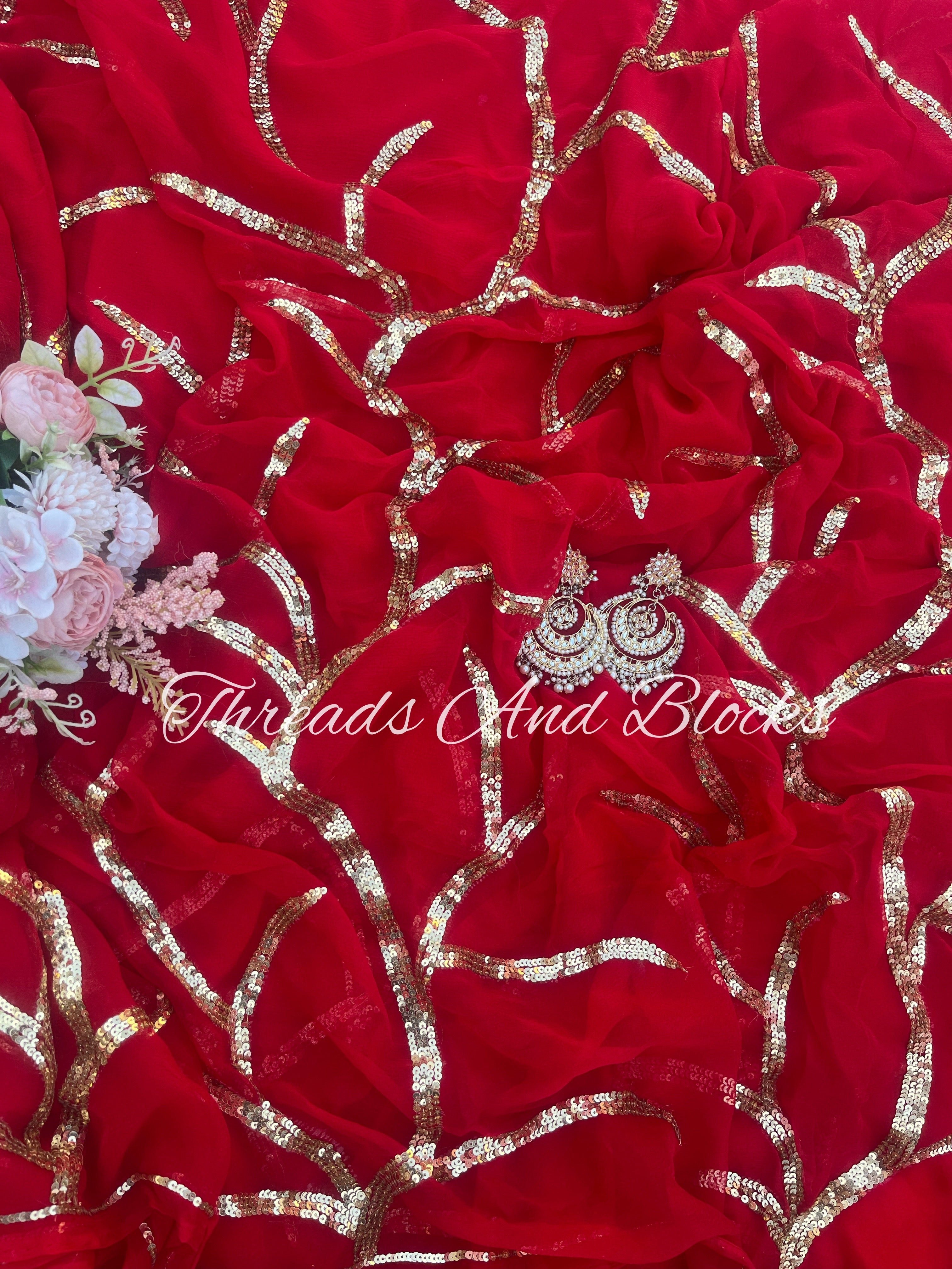 Fiery Red Cocktail Jaal Saree – Threads & Blocks